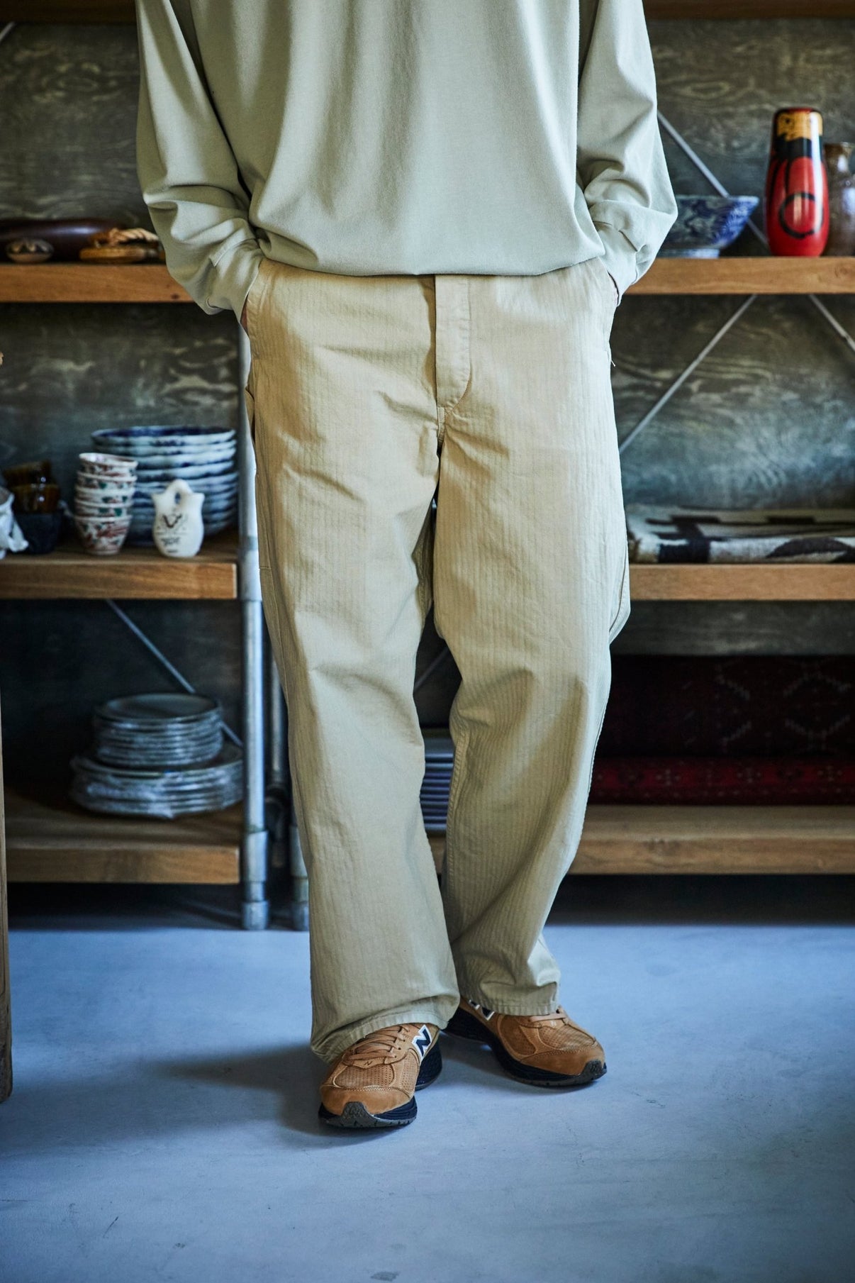 Wide Fit French Work Pants Khaki by orSlow - Meadow