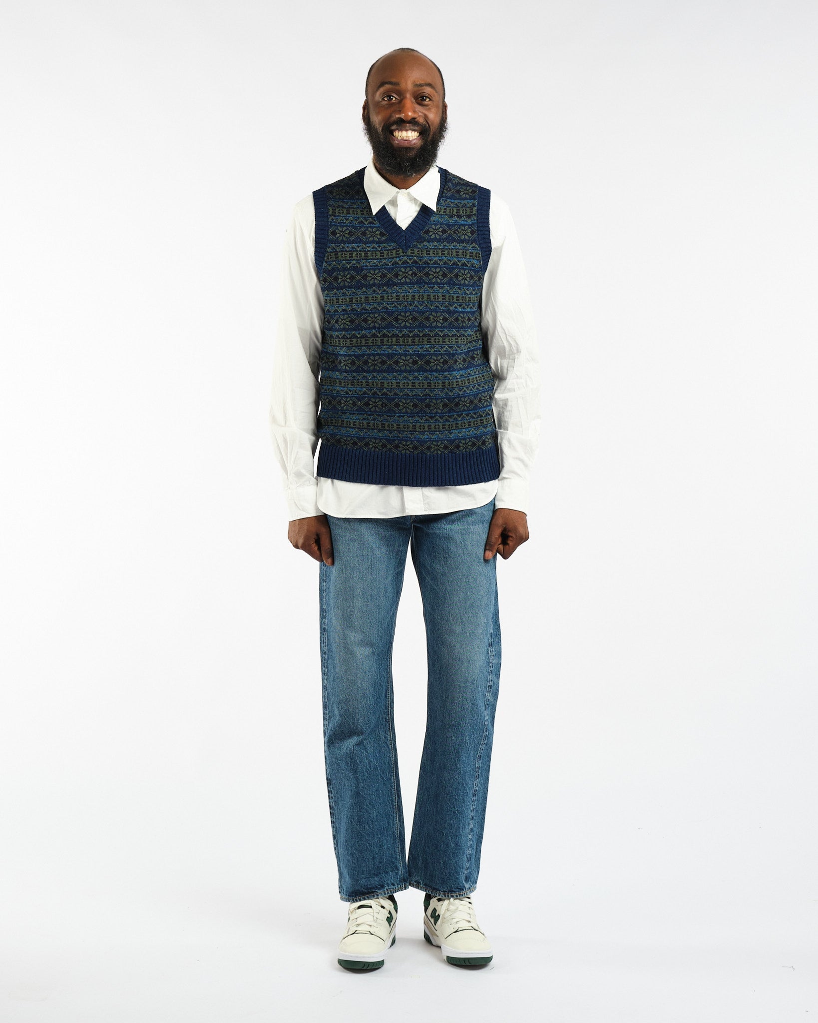 BEAMS+ | Indigo Knit Vest Fair isle Pattern Indigo Green | MEADOW